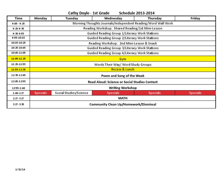 1st Grade Daily Schedule | PDF