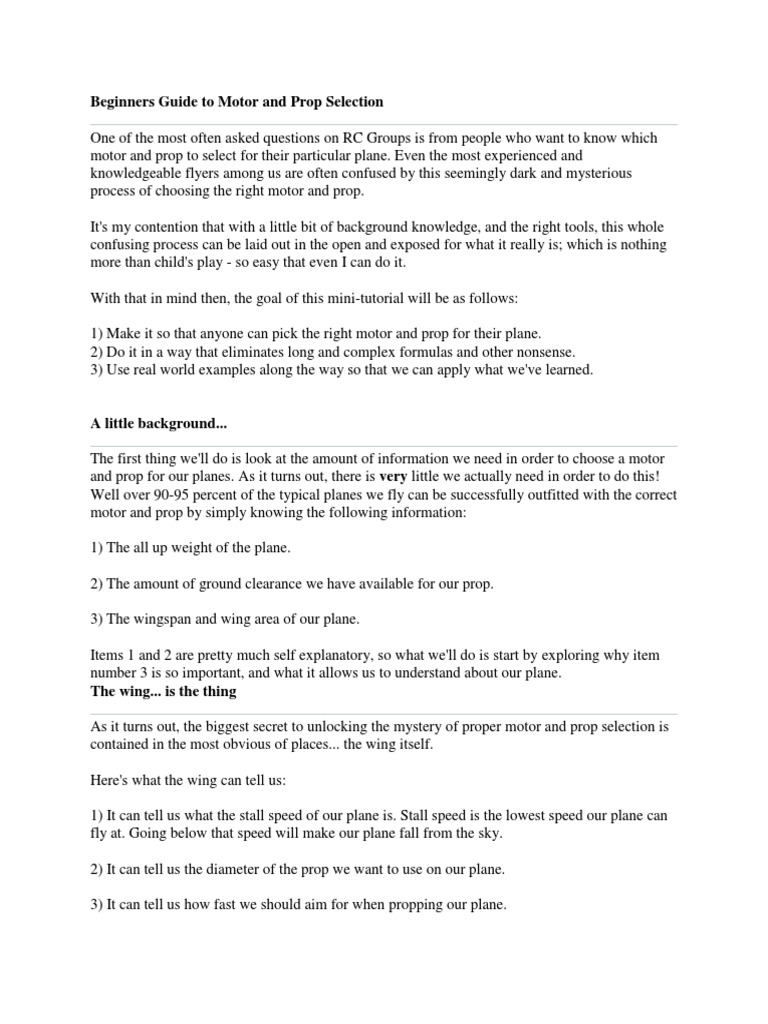 Beginners Guide To Motor and Prop Selection | PDF | Stall (Fluid ...
