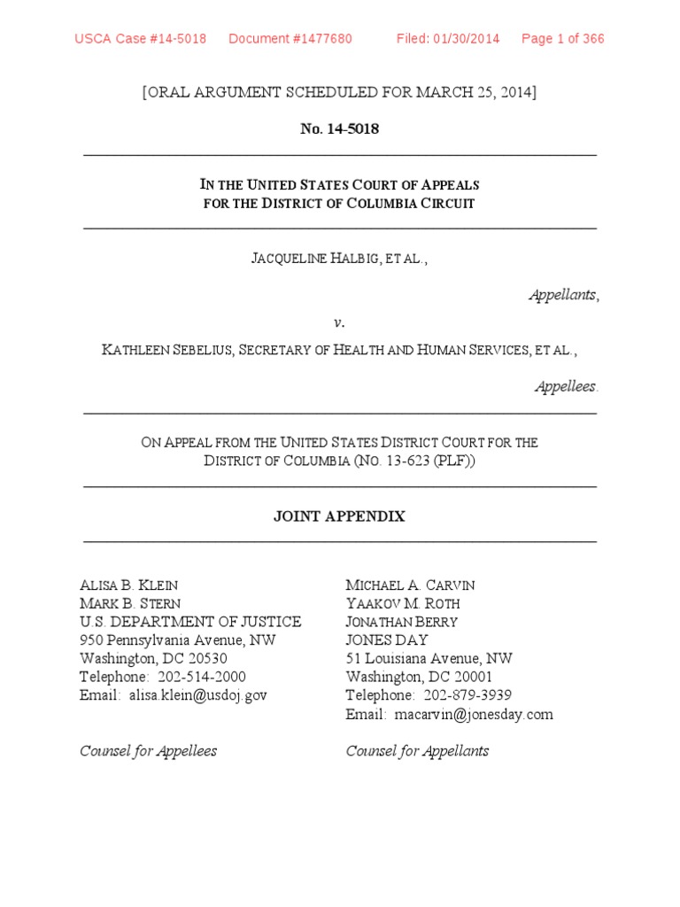 Halbig V Sebelius - Appeal Joint Appellate Appendix | Health Insurance ...