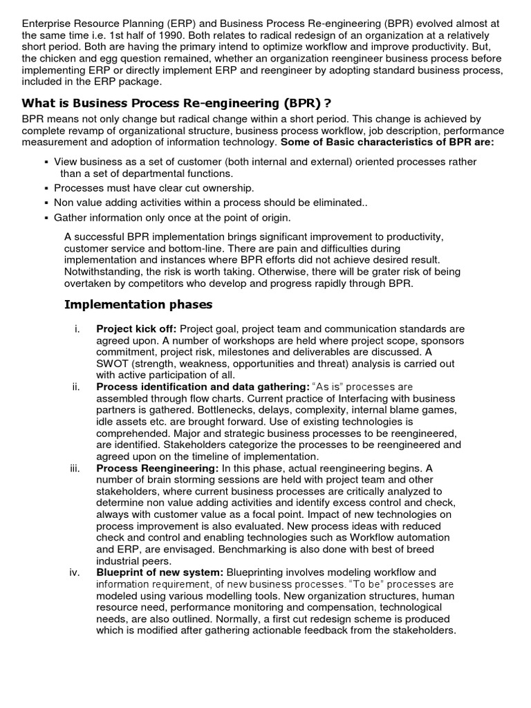 ERP Vs BPR, Enterprise Resource Planning . | PDF | Business Process ...