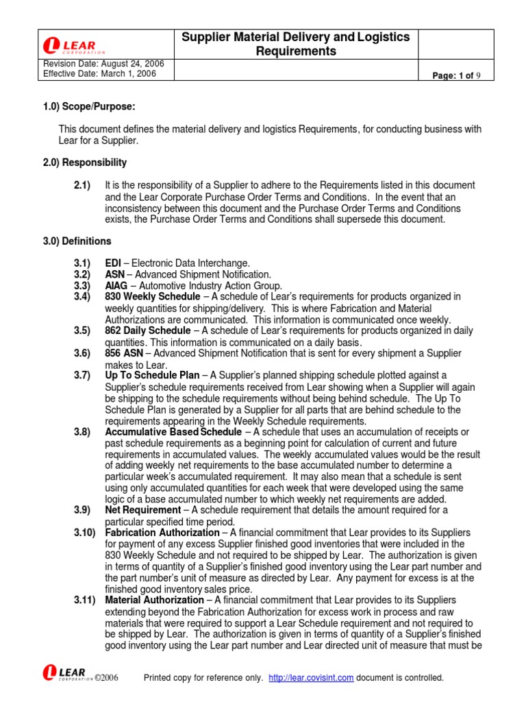 Supplier Material Delivery and Logistics Requirements: Revision Date ...