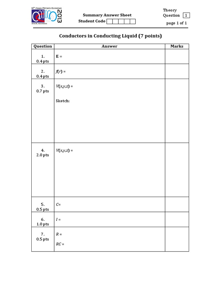 Conductors in Conducting Liquid (7 Points) : Summary Answer Sheet ...