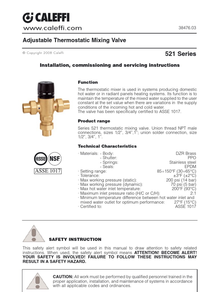 Caleffi 3-Way Mixing Valves 521 Installation Manual | PDF | Water Heating | Valve