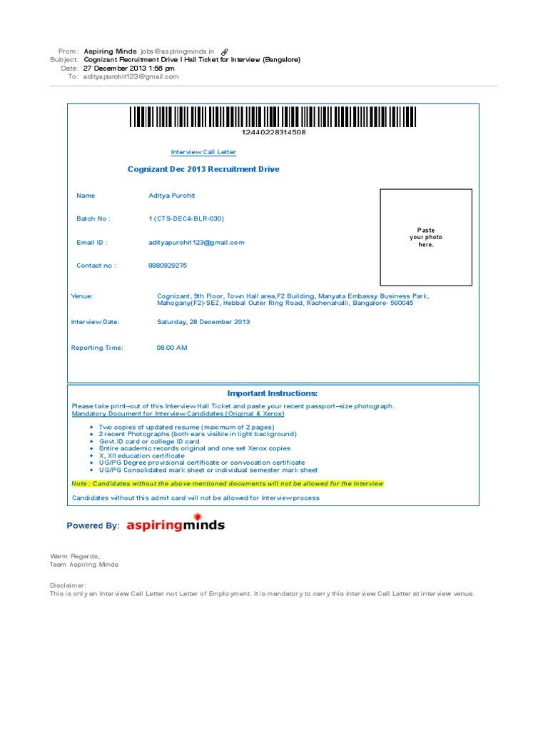 Cognizant Interview Hall Ticket - Dec 2013 | PDF | Identity Document ...