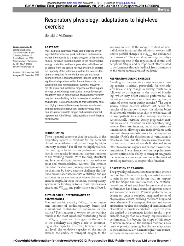 Respiratory Physiology Adaptations To High-Level Exercise 2012 | PDF ...