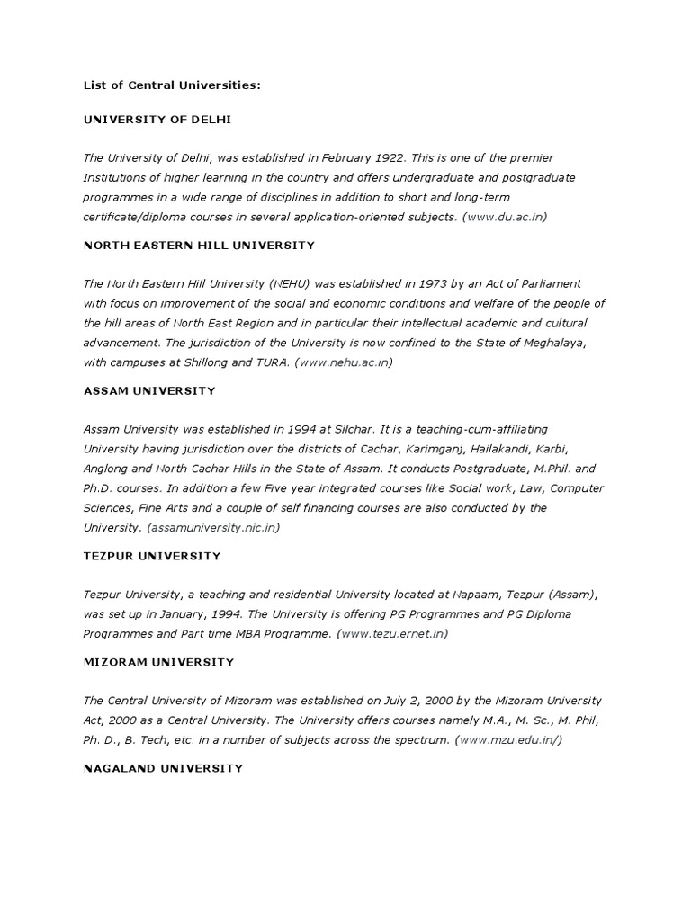 List of Central Universities | PDF | Postgraduate Education | South Asia