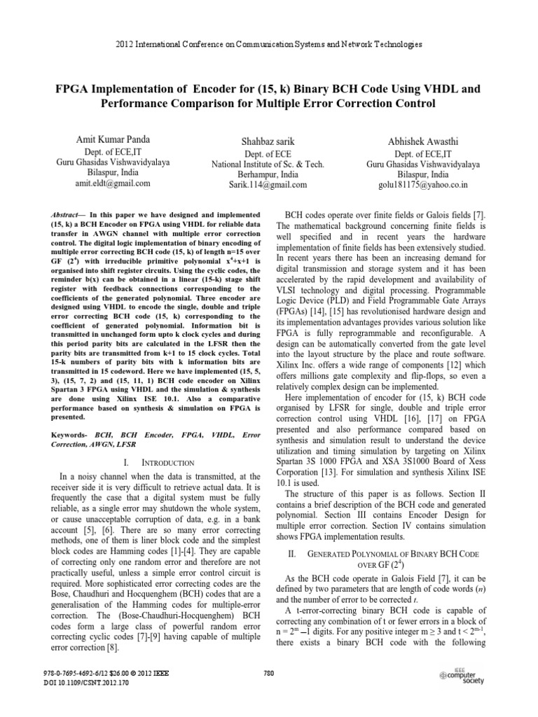 FPGA Implementation of Encoder For (15, K) Binary BCH Code Using VHDL and Performance Comparison ...