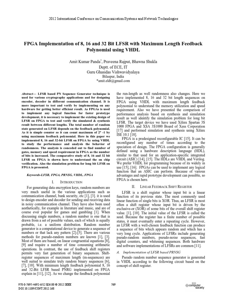 FPGA Implementation of 8, 16 and 32 Bit LFSR With Maximum Length Feedback Polynomial Using VHDL ...