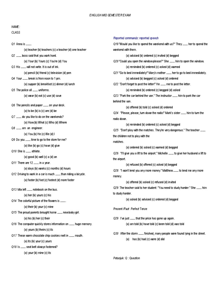 English Mid Semester Exam | PDF