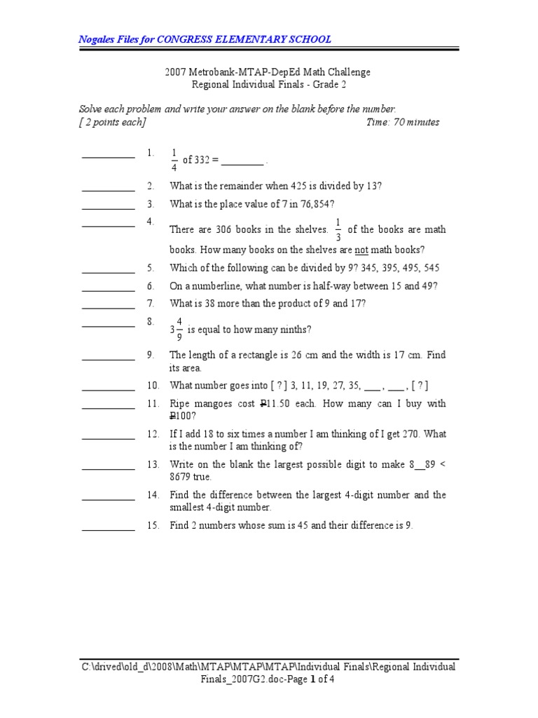 MTAP Grade2 Regional Individual Finals 2007G2 | Mathematics