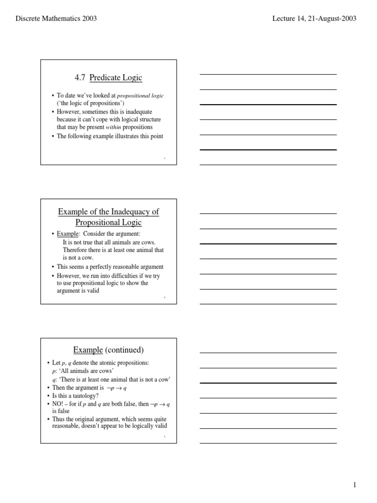 4.7 Predicate Logic: Lecture 14, 21-August-2003 Discrete Mathematics ...
