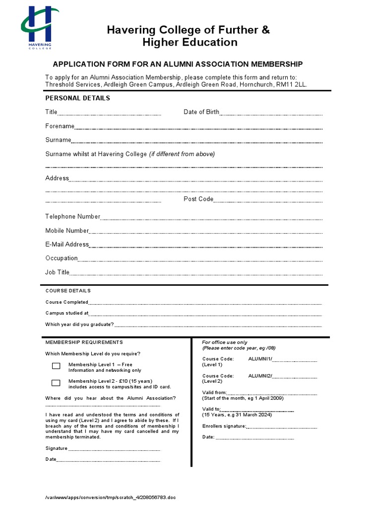 Havering College of Further & Higher Education: Application Form For An ...
