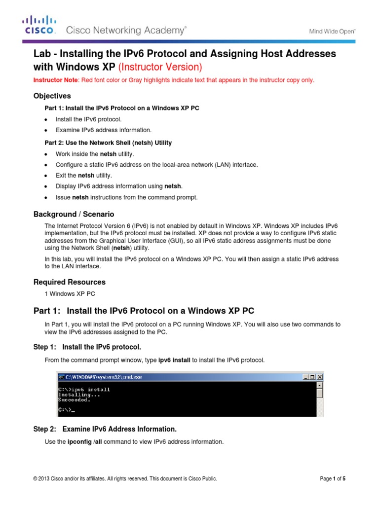 0.0.0.2 Lab - Installing The IPv6 Protocol With Windows XP - ILM | PDF ...