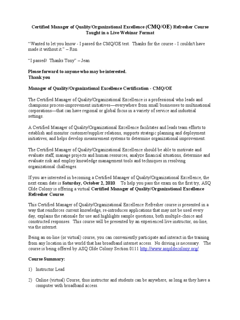 CMQ/OE Certification Refresher Course | PDF | Business