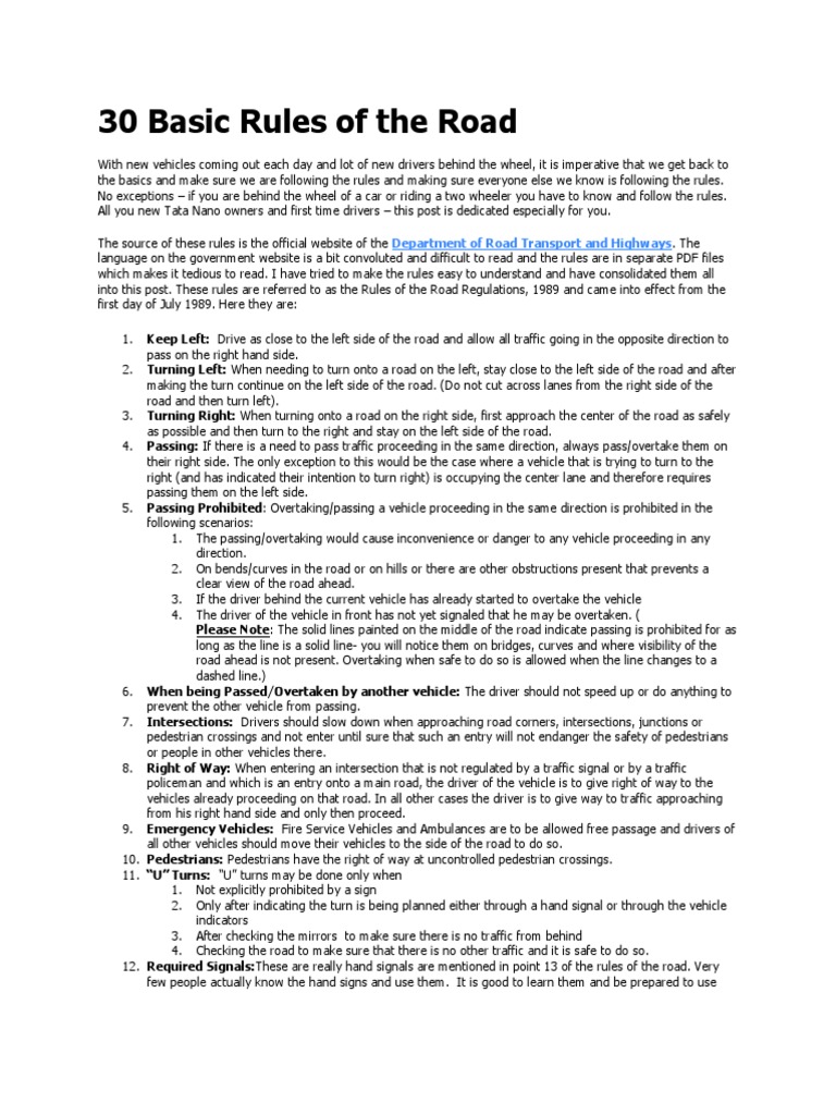 30 Basic Rules of The Road | PDF | Traffic | Driving