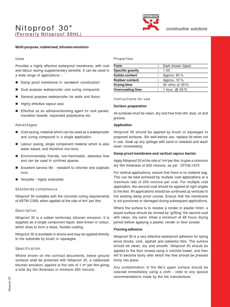 Nitoproof 30 - Water Proofing Compound | PDF | Asphalt | Adhesive