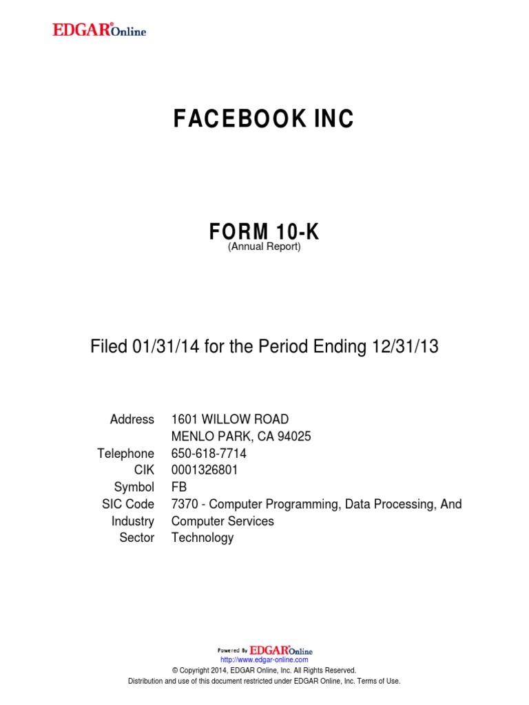 Facebook 2013 Annual Report 10-K | PDF | Form 10 K | Facebook