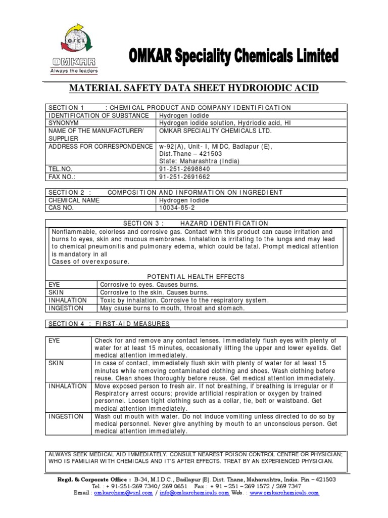 Hydriodic Acid MSDS | PDF | Toxicity | Personal Protective Equipment