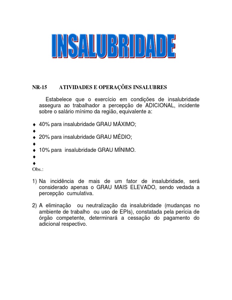 Adicional por Insalubridade NR-15 | PDF | Finanças e Administração de ...