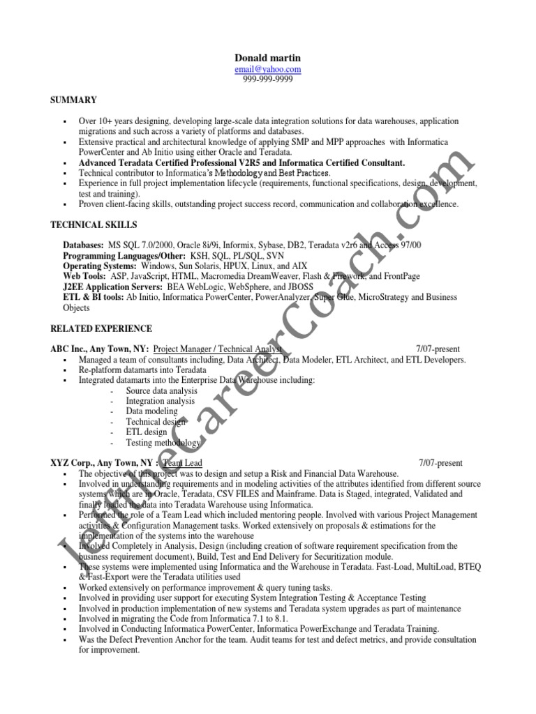 Teradata Sample Resume | PDF | Microsoft Excel | Oracle Database