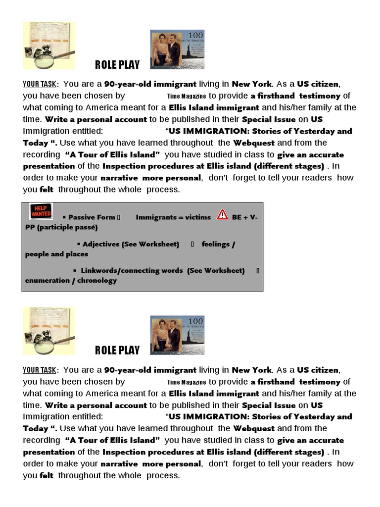 Ellis Island Webquest Writing Task Role Play | PDF