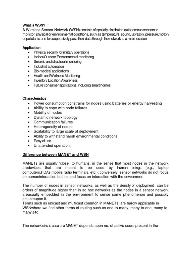 Manets vs. WSN | PDF | Wireless Sensor Network | Wireless Ad Hoc Network