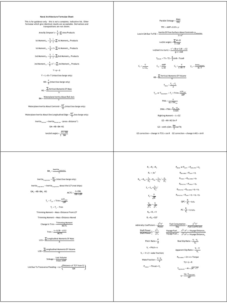 Unit 27 Naval Architecture Formulae Sheet | PDF