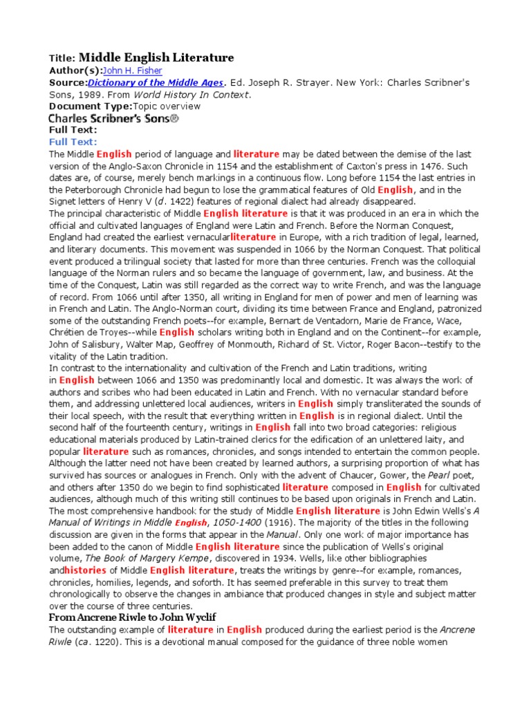 Overview of Middle English Literature | PDF | Middle English Literature ...