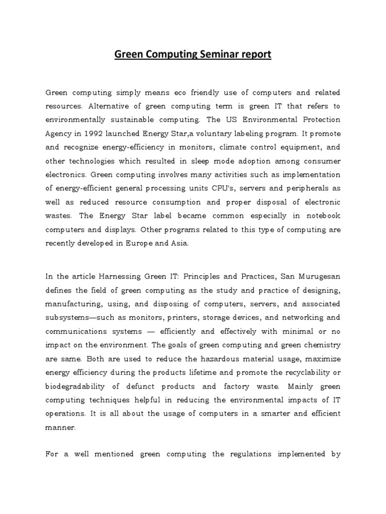 Green Computing Seminar Report | PDF | Natural Environment | Computing