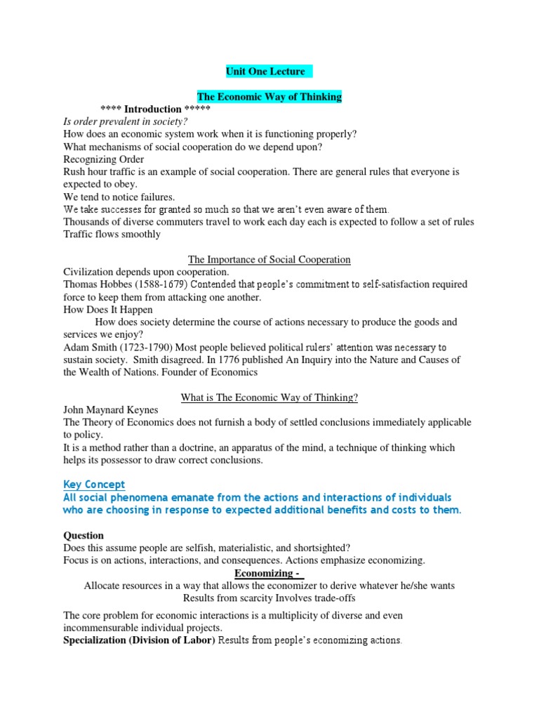 Unit One Lecture | PDF | Division Of Labour | Economics