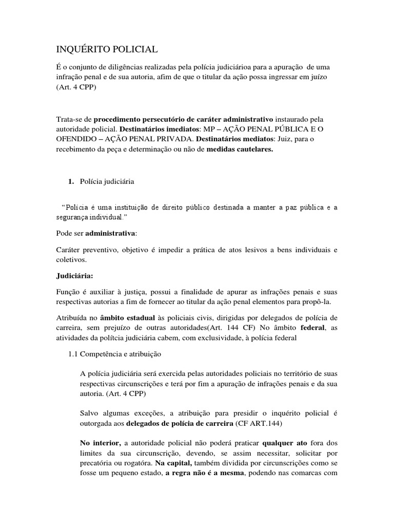 InquÉrito Policial Resumo Curso De Processo Penal Capez Polícia