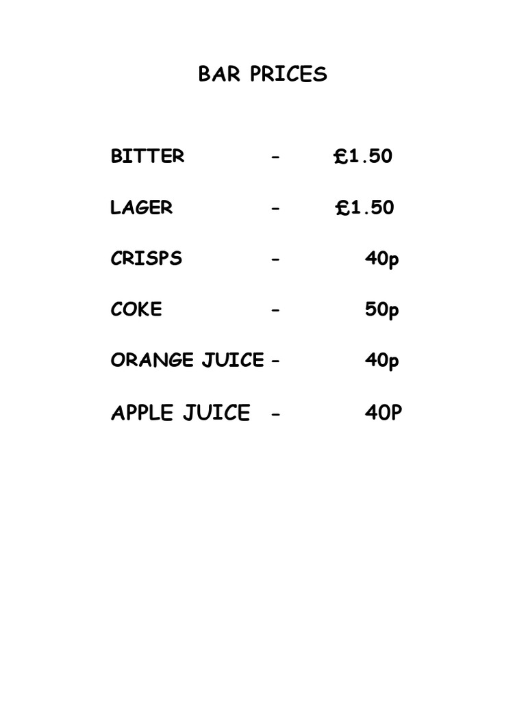 Bar Prices for Drinks and Snacks | PDF