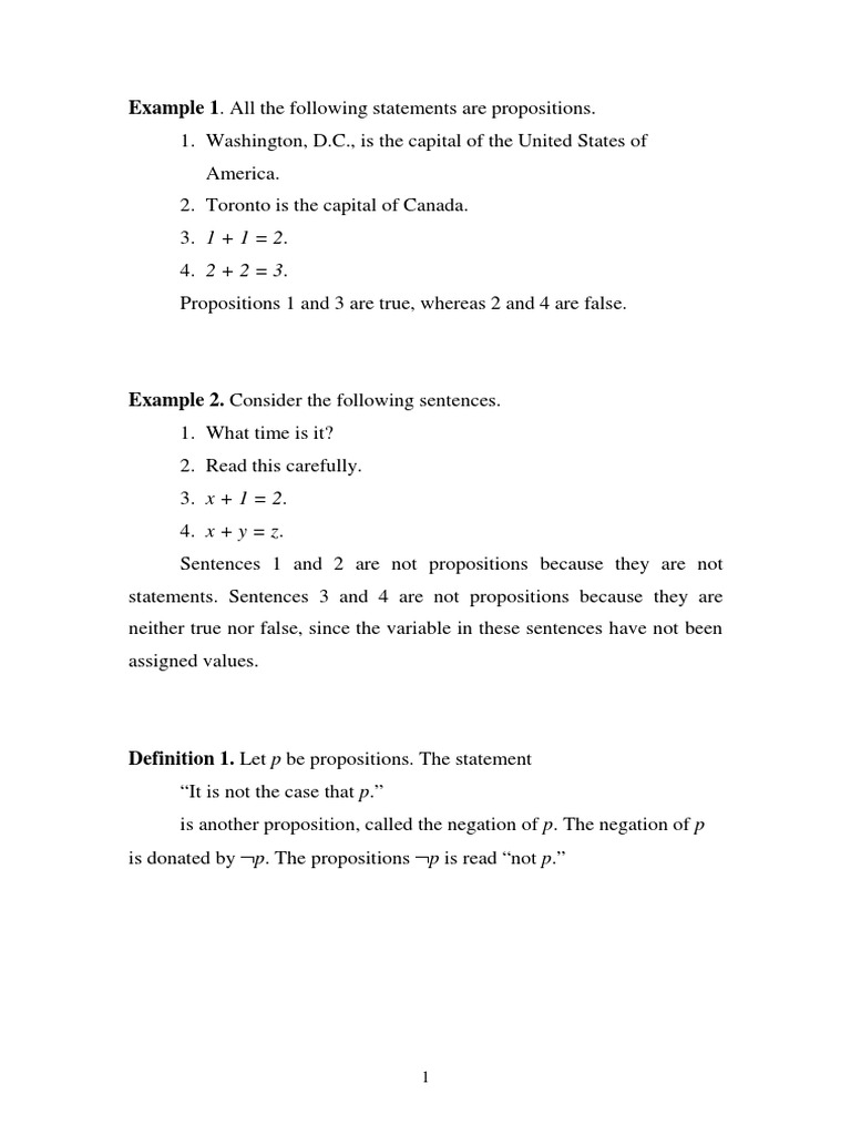 Example 1. All The Following Statements Are Propositions.: P. The ...