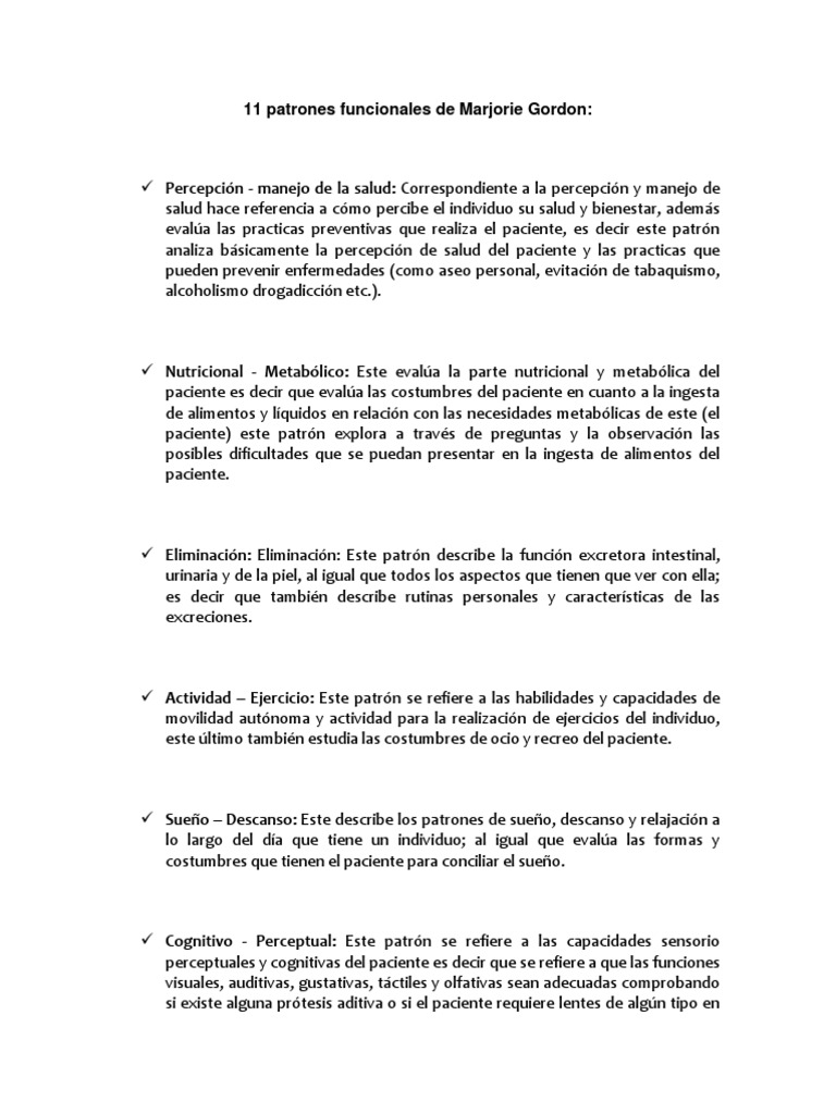 11 Patrones Funcionales de Marjorie Gordon | PDF | Percepción | Conceptos psicologicos
