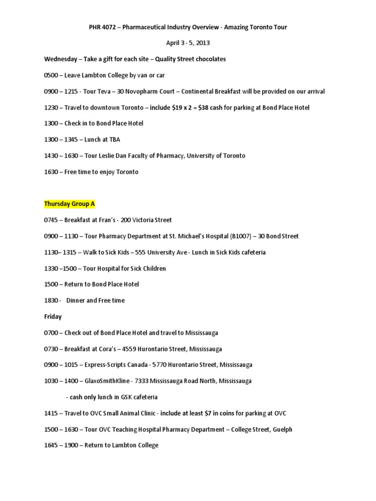 Pharmaceutical Industry Tour Schedule | PDF | Toronto | Glaxo Smith Kline