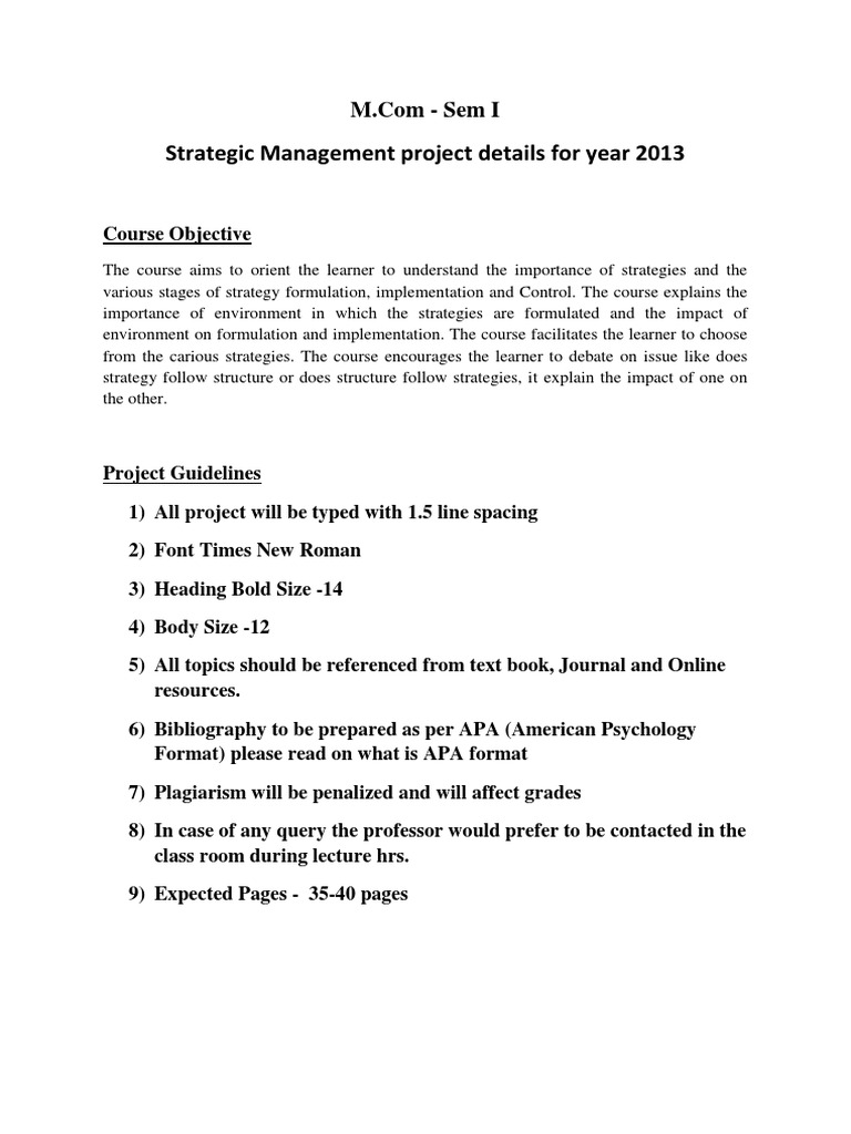 Strategic Management Project Details For Year 2013 | PDF | Strategic ...