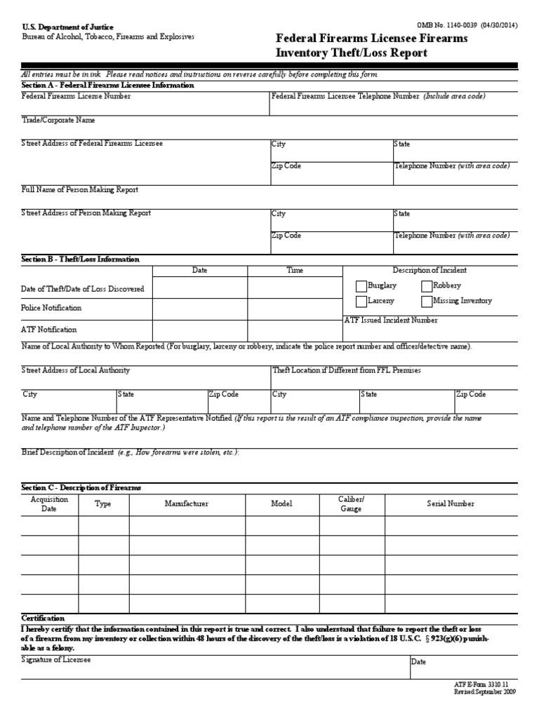 ATF Firearms Theft/Loss Report Form | PDF | Bureau Of Alcohol | United ...