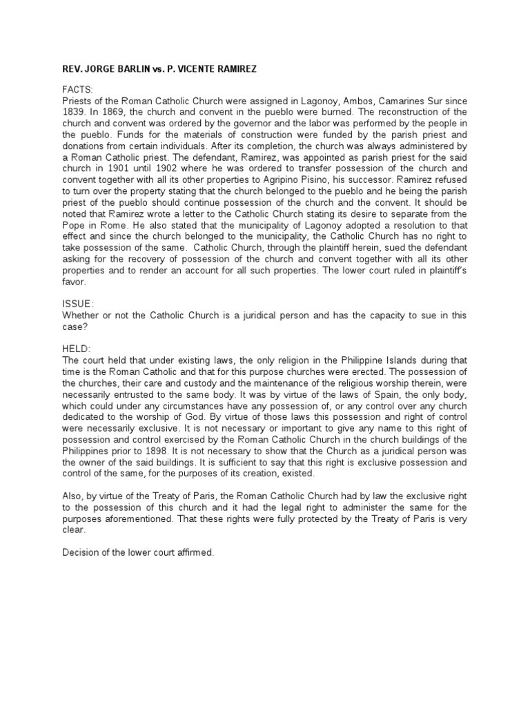 Facts:: Rev. Jorge Barlin vs. P. Vicente Ramirez | PDF | Catholic Church