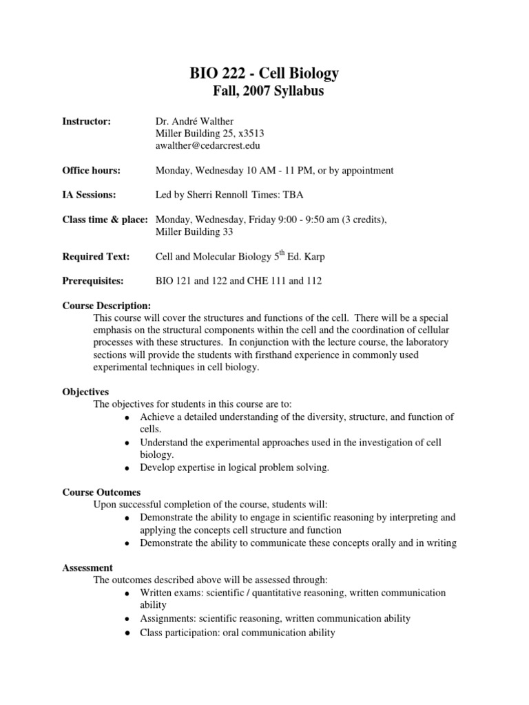 BIO 222 - Cell Biology: Fall, 2007 Syllabus | PDF | Cell Membrane ...