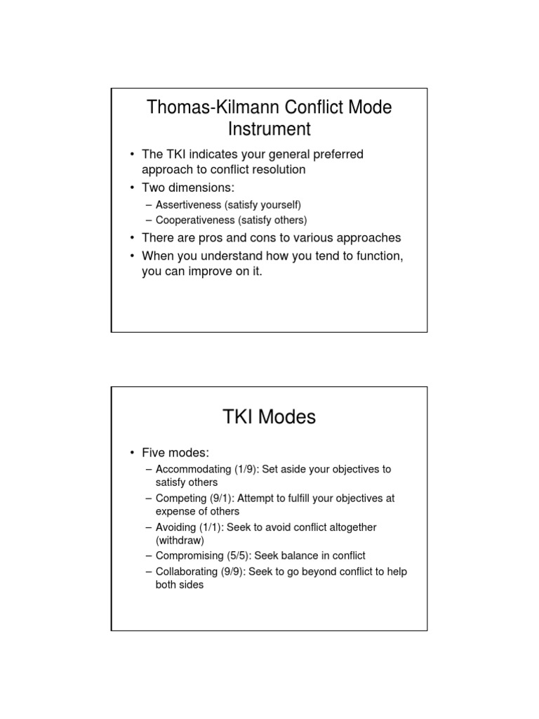 Thomas-Kilmann Conflict Mode Instrument: TKI Modes | PDF | Psychological Concepts | Behavioural ...
