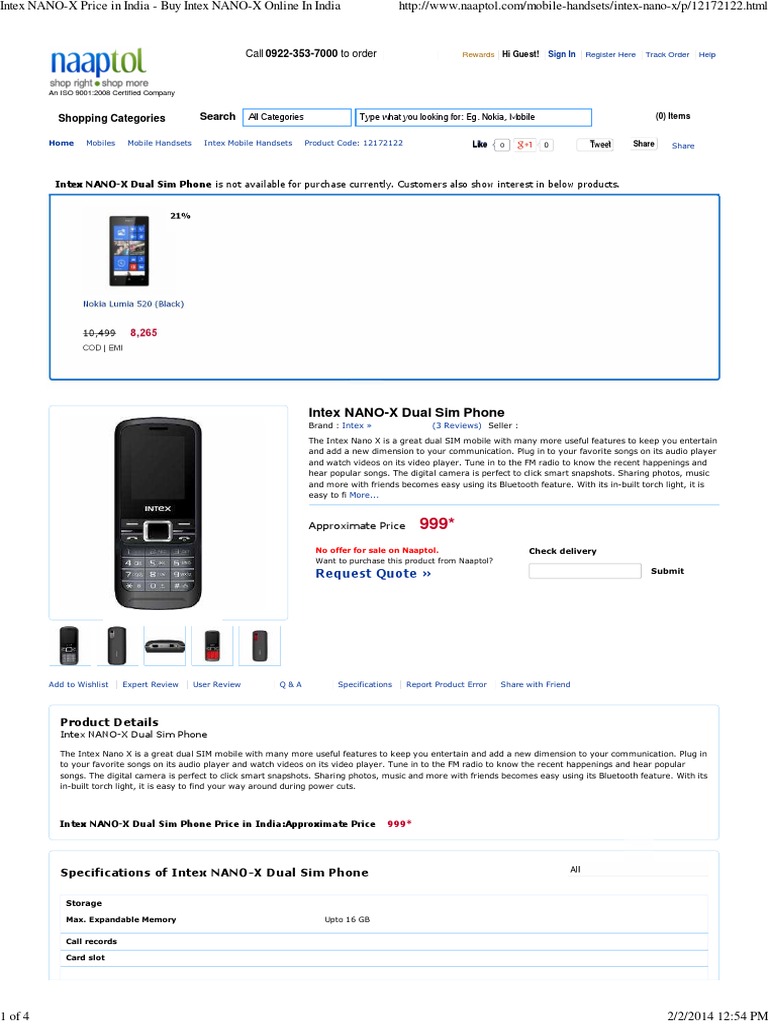 Intex NANO-X Dual Sim Phone | PDF | Mobile Computers | Portable Electronics