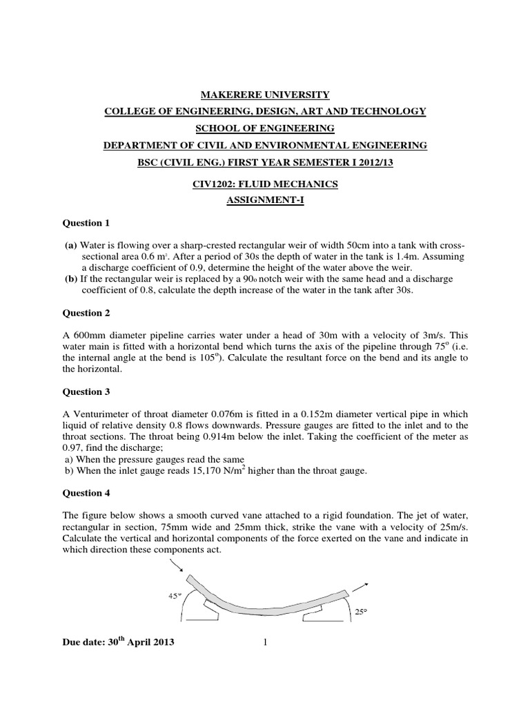 Fluid Mechanics - Assignment I-2012-2013 | PDF | Dam | Pressure Fluid Mechanics - Assignment I-2012-2013 | PDF | Dam | Pressure