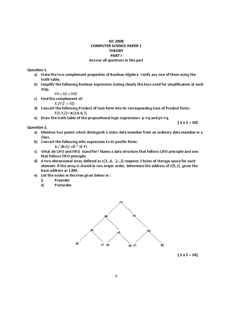 ISC 2008 Computer Science Paper 1 Theory | PDF | Boolean Algebra ...
