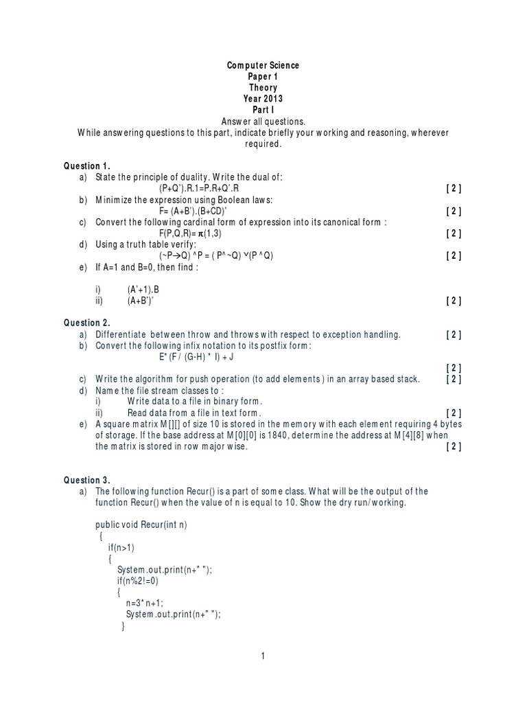 Computer Science Paper 1 Theory Year 2013 | PDF | Matrix (Mathematics) | Integer (Computer Science)