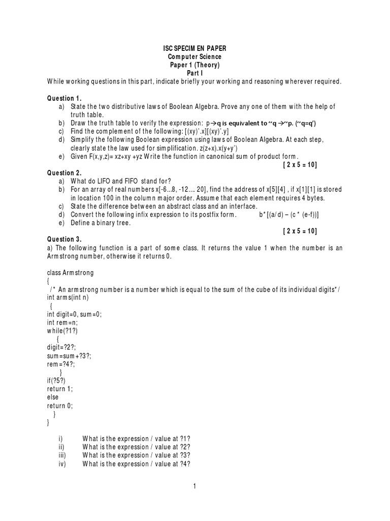Isc Specimen Paper Computer Science Paper 1 (Theory) | PDF | Constructor (Object Oriented ...