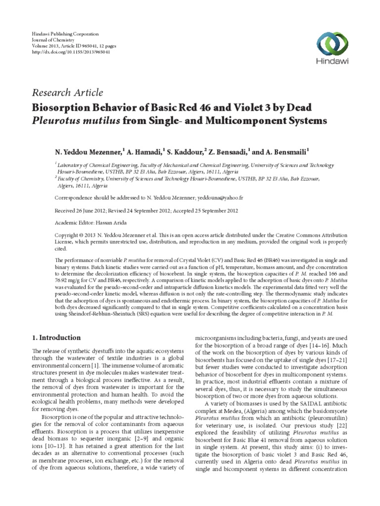 Biosorption Behavior of Basic Red 46 and Violet 3 by Dead Pleurotus ...