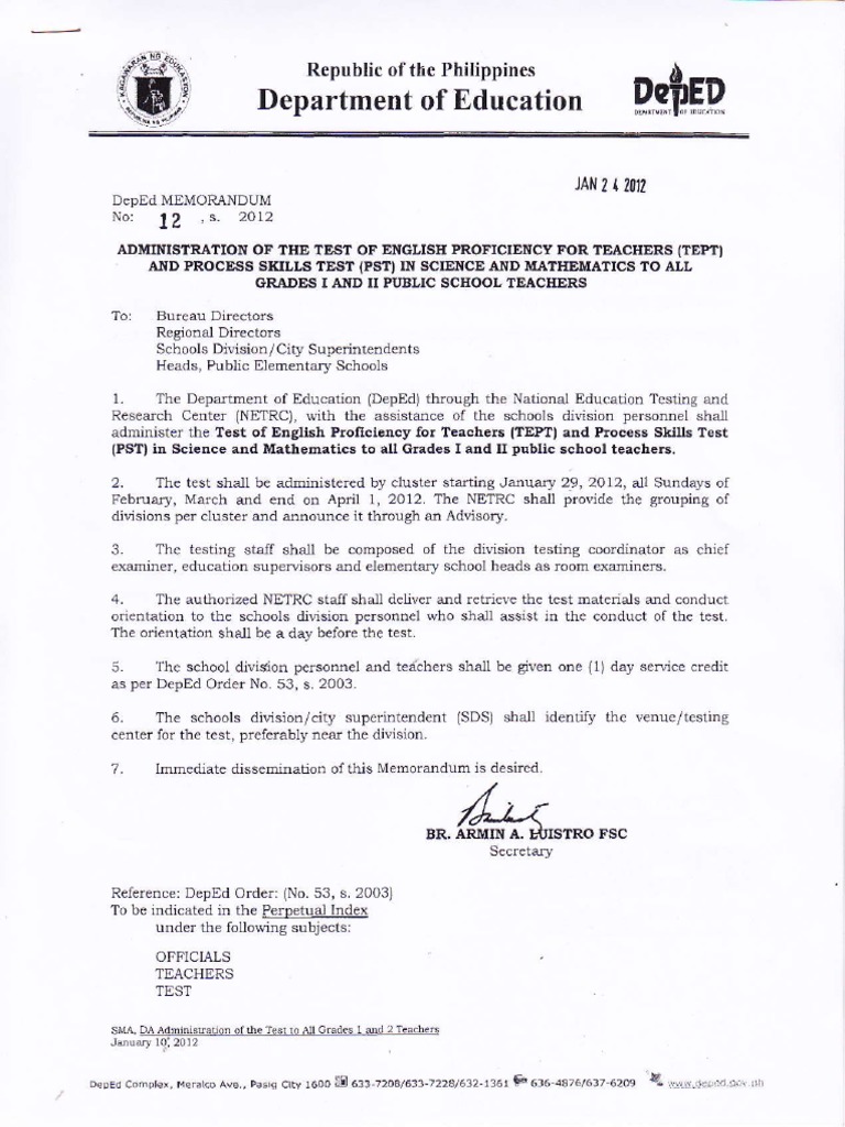 DepED Memorandum No.12 s.2012 | PDF