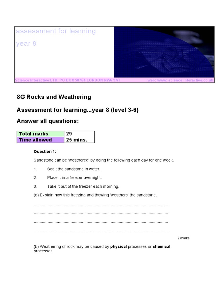 8G Rocks and Weathering Assessment For Learning... Year 8 (Level 3-6 ...