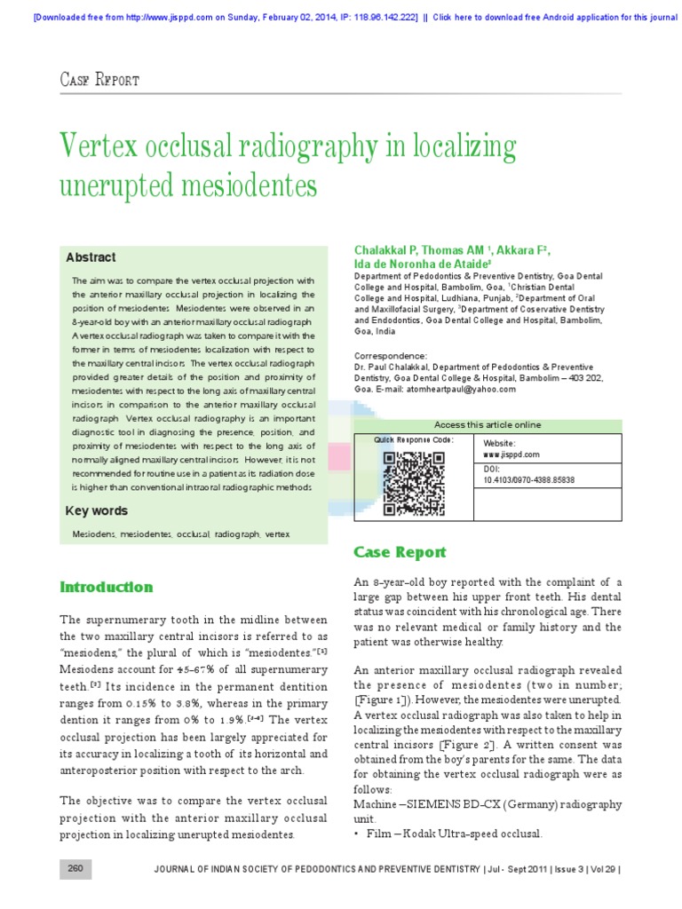 Vertex Occlusal Radiography in Localizing Unerupted Mesiodentes | PDF ...