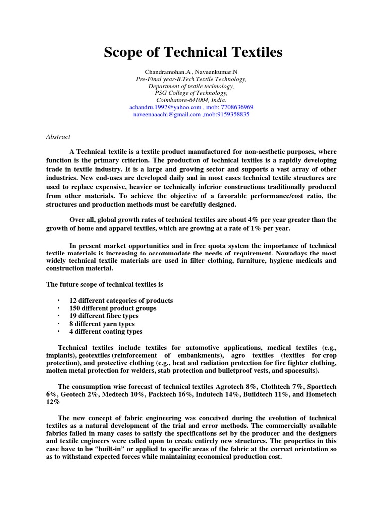Scope of Technical Textiles | PDF | Textiles | Clothing Industry